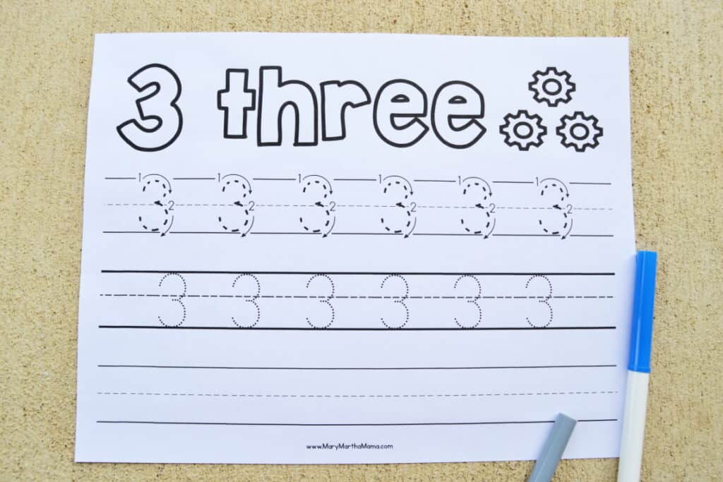 Number 3 Tracing Worksheet – Mary Martha Mama