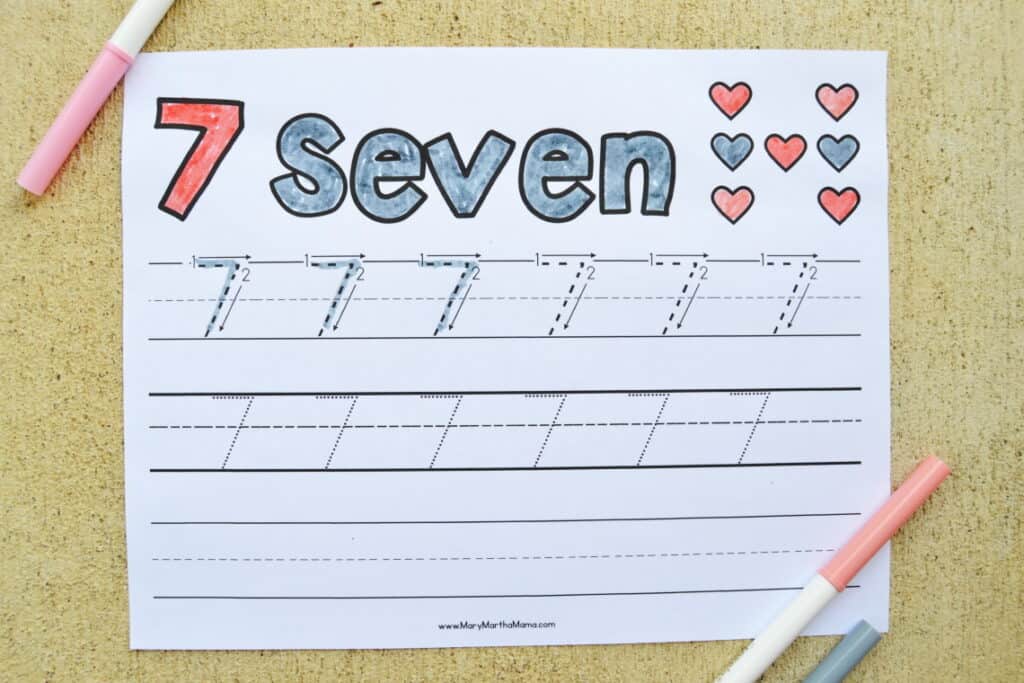 Number 7 Tracing Worksheet – Mary Martha Mama